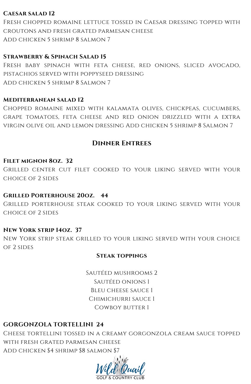 Menus - Wild Quail Golf & Country Club