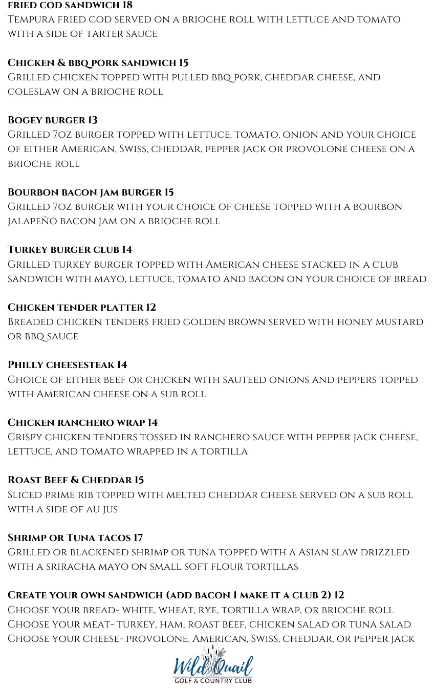 Menus - Wild Quail Golf & Country Club