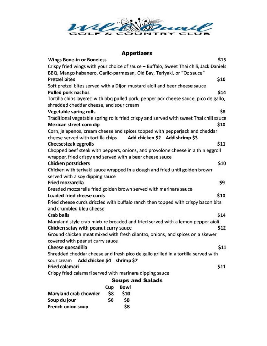 Menus - Wild Quail Golf & Country Club